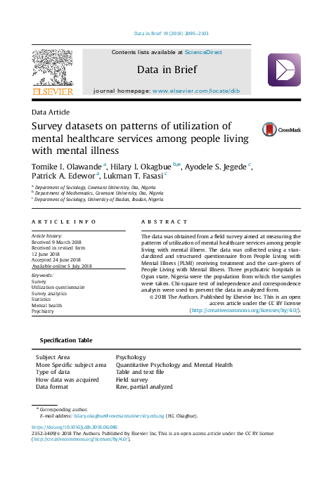 (PDF) Survey datasets on patterns of utilization of mental healthcare ...