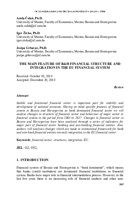 (PDF) The Main Feature of B&H Financial Structure and Integration in ...