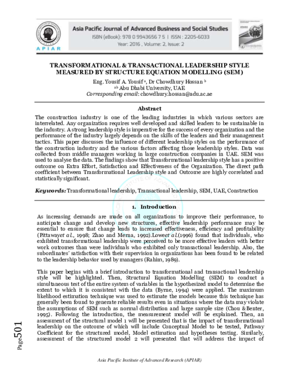 (PDF) 5 0 1 Transformational & Transactional Leadership Style Measured by Structure Equation ...
