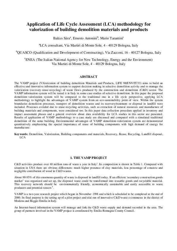(PDF) Application of life-cycle assessment (LCA) methodology for valorization of building ...