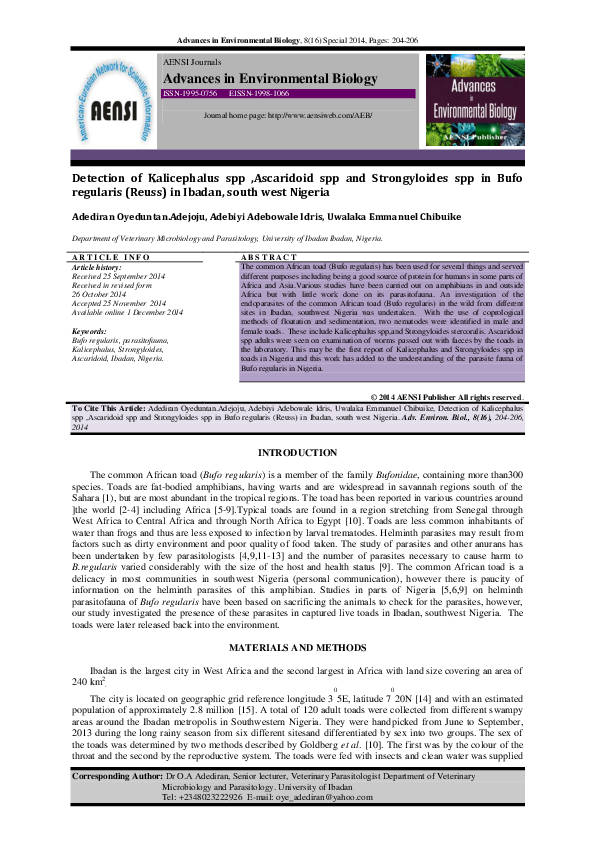 (PDF) Detection of Kalicephalus spp ,Ascaridoid spp and Strongyloides ...
