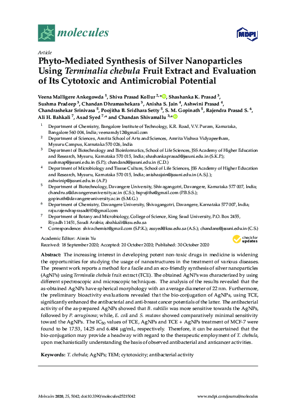 (PDF) Phyto-Mediated Synthesis of Silver Nanoparticles Using Terminalia chebula Fruit Extract ...