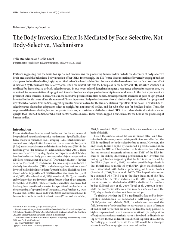 (PDF) The body inversion effect is mediated by face-selective not body-selective brain areas