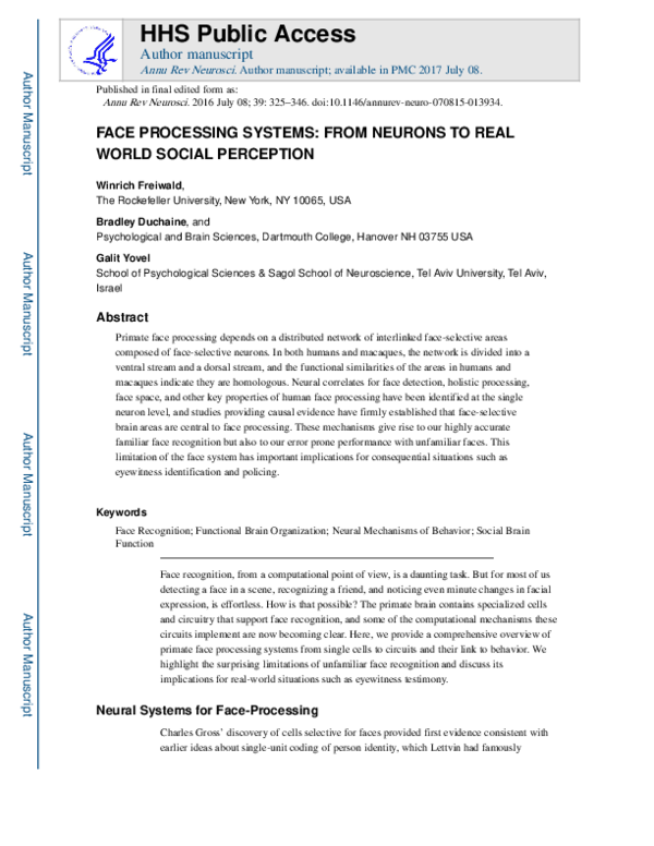 (PDF) Face Processing Systems: From Neurons to Real-World Social Perception