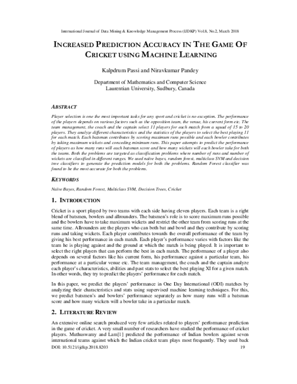 (PDF) Increased Prediction Accuracy in the Game of Cricket Using ...
