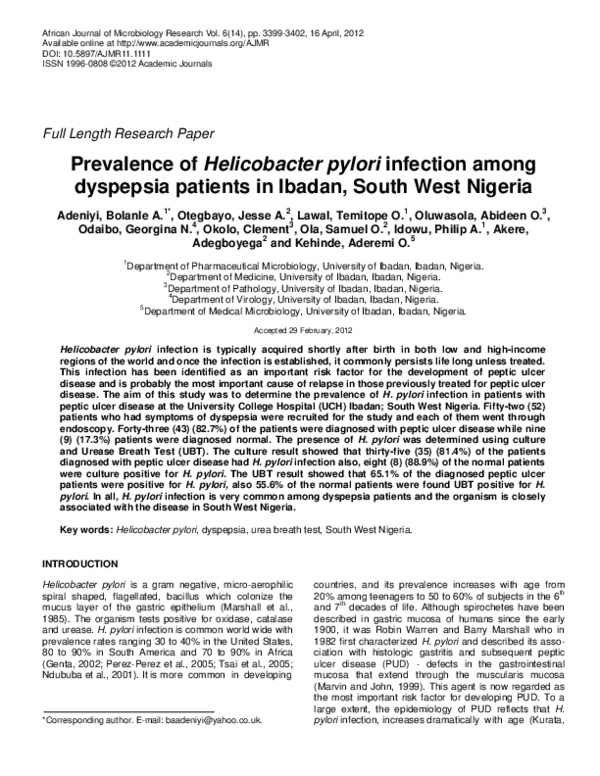 (PDF) Prevalence of Helicobacter pylori infection among dyspepsia ...
