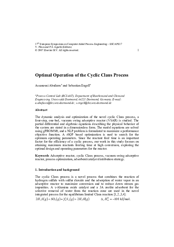 (PDF) Optimal operation of the cyclic claus process