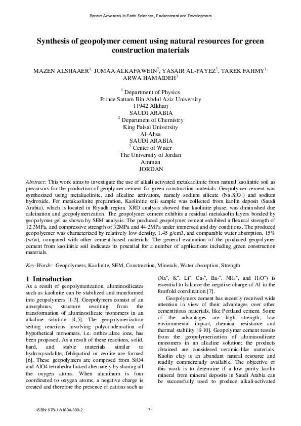 (PDF) Synthesis of geopolymer cement using natural resources for green ...