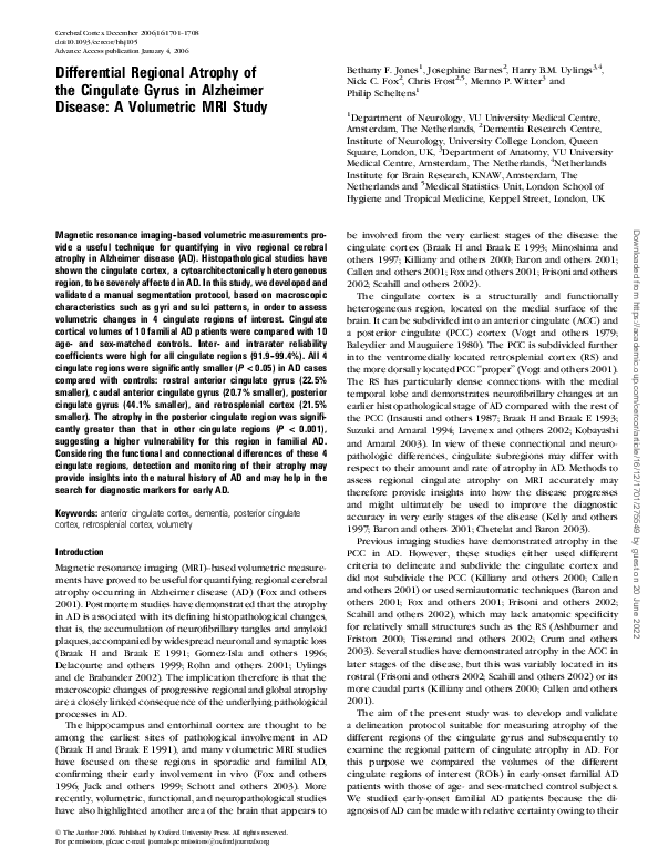 (PDF) Differential Regional Atrophy of the Cingulate Gyrus in Alzheimer ...