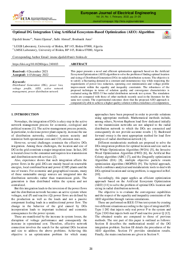 Pdf Optimal Dg Integration Using Artificial Ecosystem Based