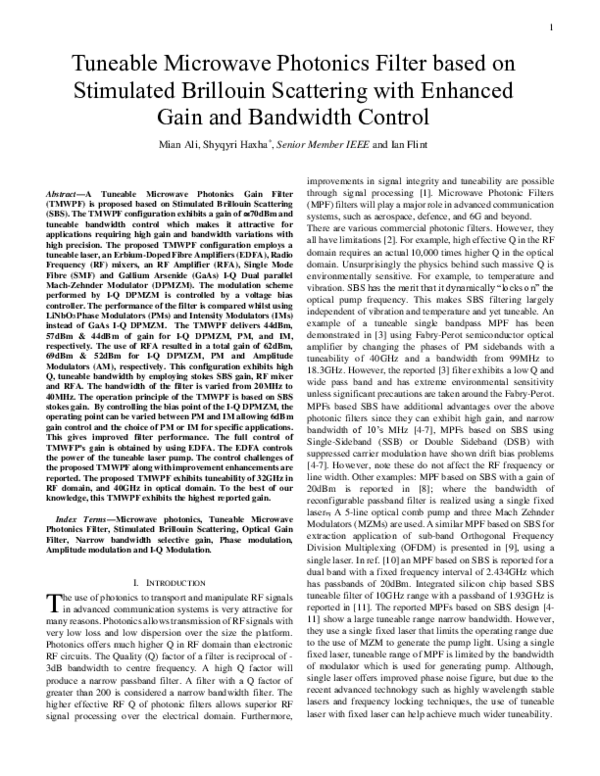 (PDF) Tuneable Microwave Photonics Filter Based on Stimulated Brillouin Scattering With Enhanced ...