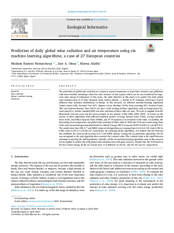Pdf Prediction Of Daily Global Solar Radiation And Air Temperature