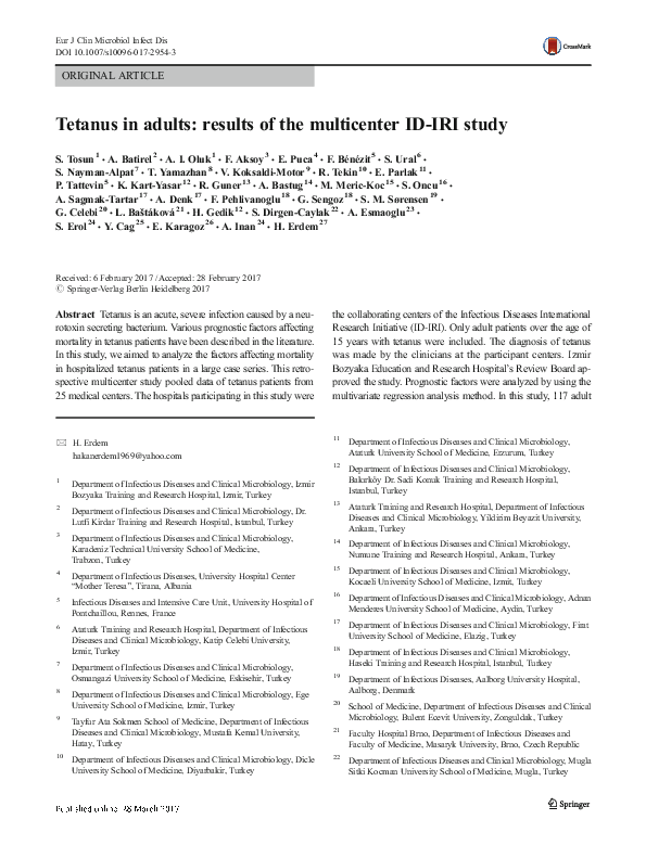 (PDF) Tetanus in adults: results of the multicenter ID-IRI study
