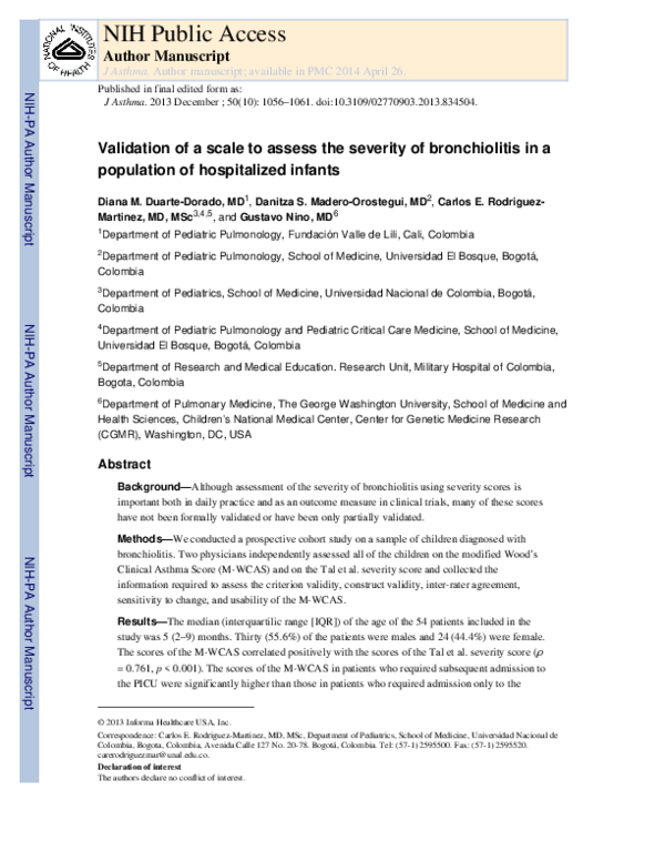 (PDF) Validation of a scale to assess the severity of bronchiolitis in ...