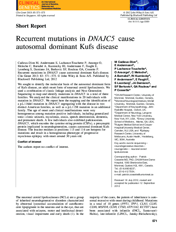 (PDF) Recurrent mutations inDNAJC5cause autosomal dominant Kufs disease