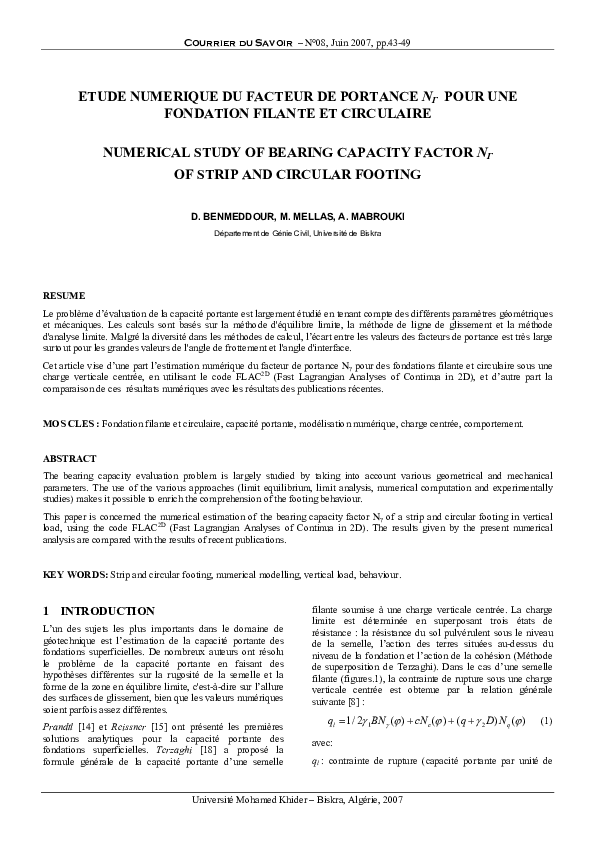 (PDF) Etude numérique du facteur de portance Nγ pour une fondation ...