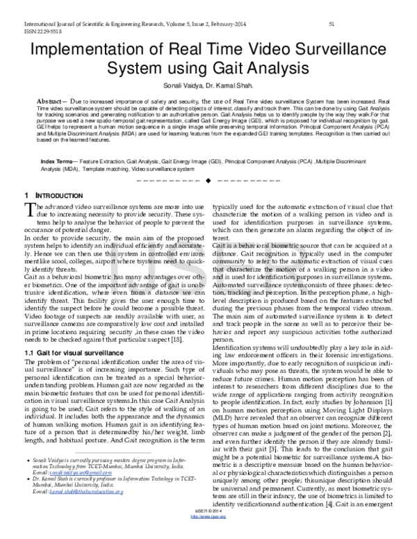 (PDF) Implementation of Real Time Video Surveillance System using Gait Analysis