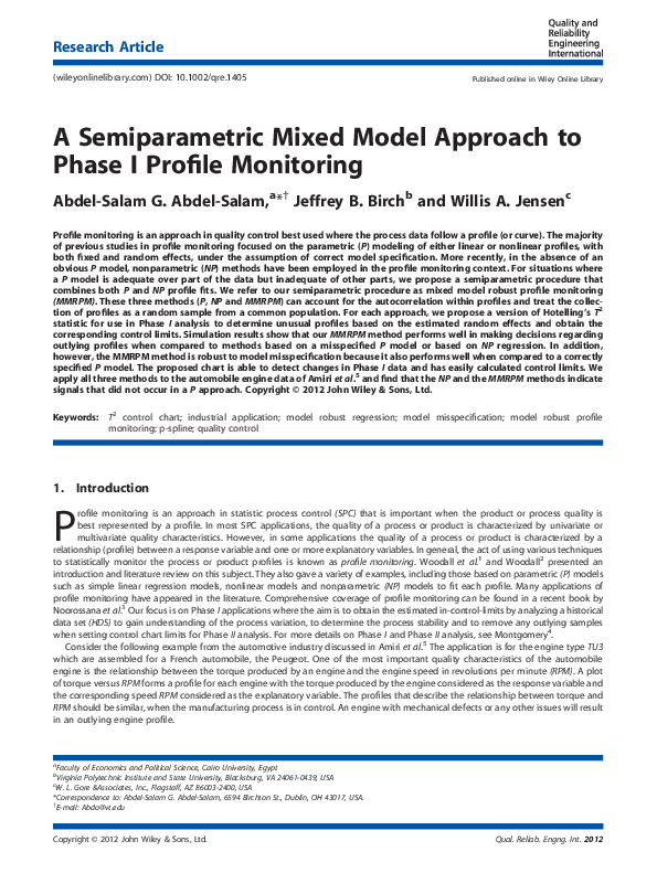 Pdf A Semiparametric Mixed Model Approach To Phase I Profile Monitoring