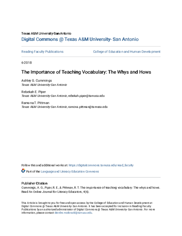(PDF) The Importance of Teaching Vocabulary: The Whys and Hows