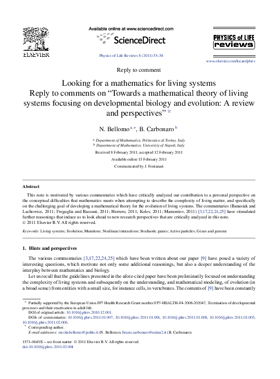 (PDF) Looking for a mathematics for living systems☆Reply to comments on ...