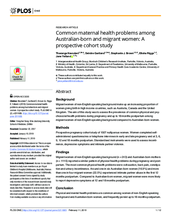 (PDF) Common maternal health problems among Australian-born and migrant ...