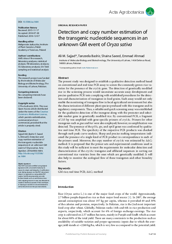 Pdf Detection And Copy Number Estimation Of The Transgenic Nucleotide