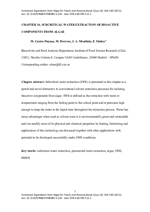 Pdf Subcritical Water Extraction Of Bioactive Components From Algae