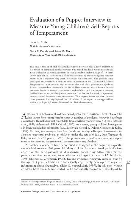 (PDF) Evaluation of a Puppet Interview to Measure Young Children's Self ...