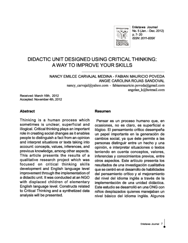 (PDF) Didactic Unit Designed Using Critical Thinking: A Way To Improve Your Skills