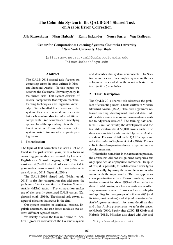 Pdf The Columbia System In The Qalb 2014 Shared Task On Arabic Error Correction