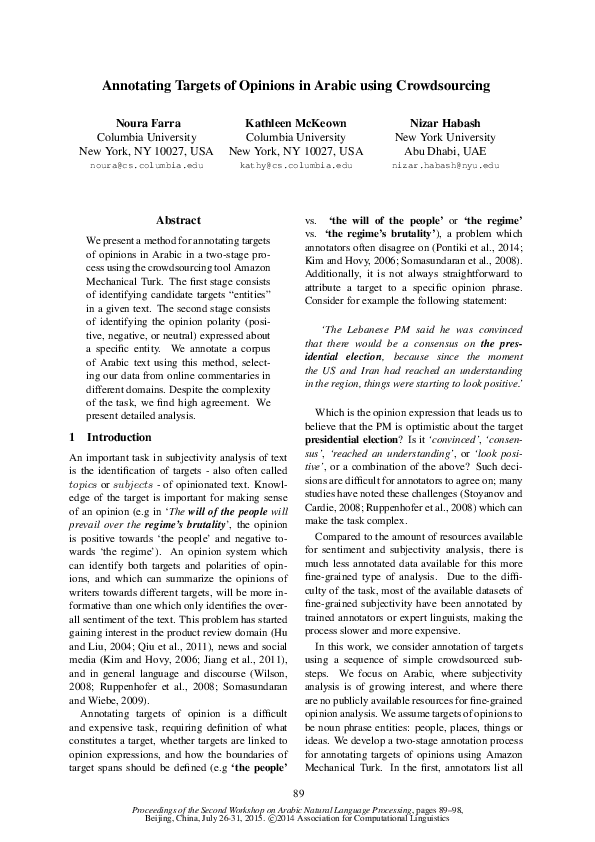 (PDF) Annotating Targets of Opinions in Arabic using Crowdsourcing