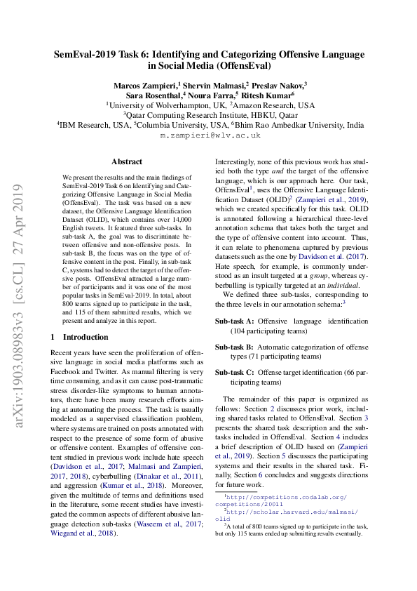 (PDF) SemEval-2019 Task 6: Identifying and Categorizing Offensive Language in Social Media ...