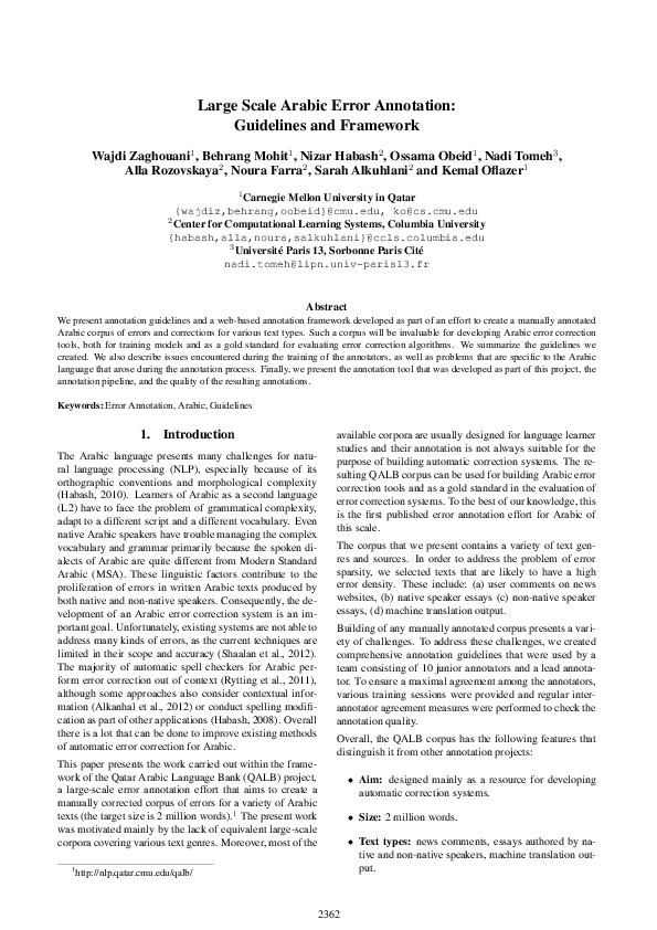 Pdf Large Scale Arabic Error Annotation Guidelines And Framework