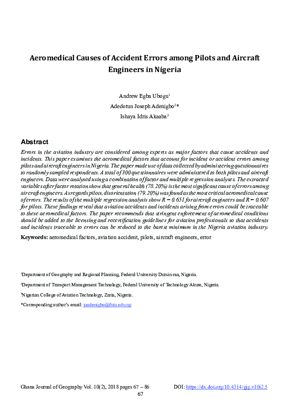 (PDF) Aeromedical Causes of Accident Errors among Pilots and Aircraft ...
