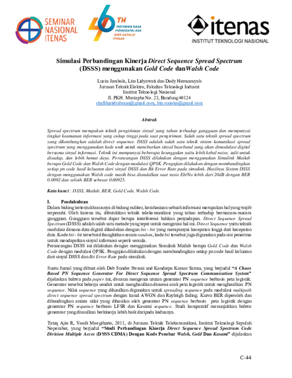 Pdf Simulasi Perbandingan Kinerja Direct Sequence Spread Spectrum Dsss Menggunakan Gold Code