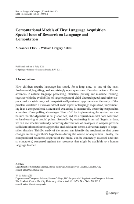 (PDF) Computational Models of First Language Acquisition Special Issue ...