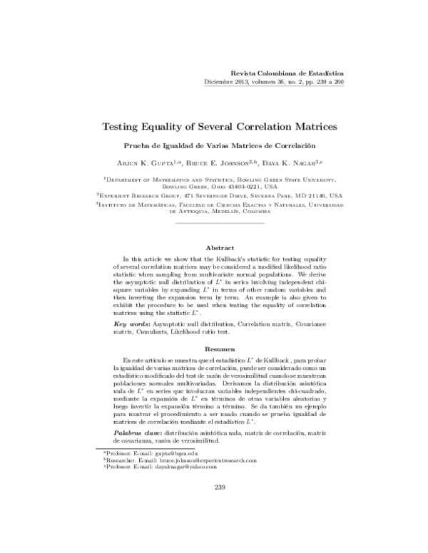 Pdf Testing Equality Of Several Correlation Matrices