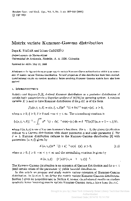 (PDF) Matrix variate Kummer-Gamma distribution