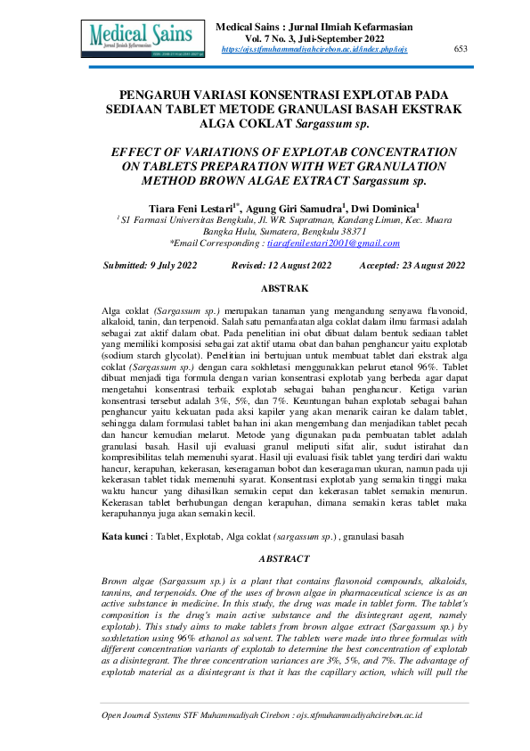 (PDF) PENGARUH VARIASI KONSENTRASI EXPLOTAB PADA SEDIAAN TABLET METODE ...
