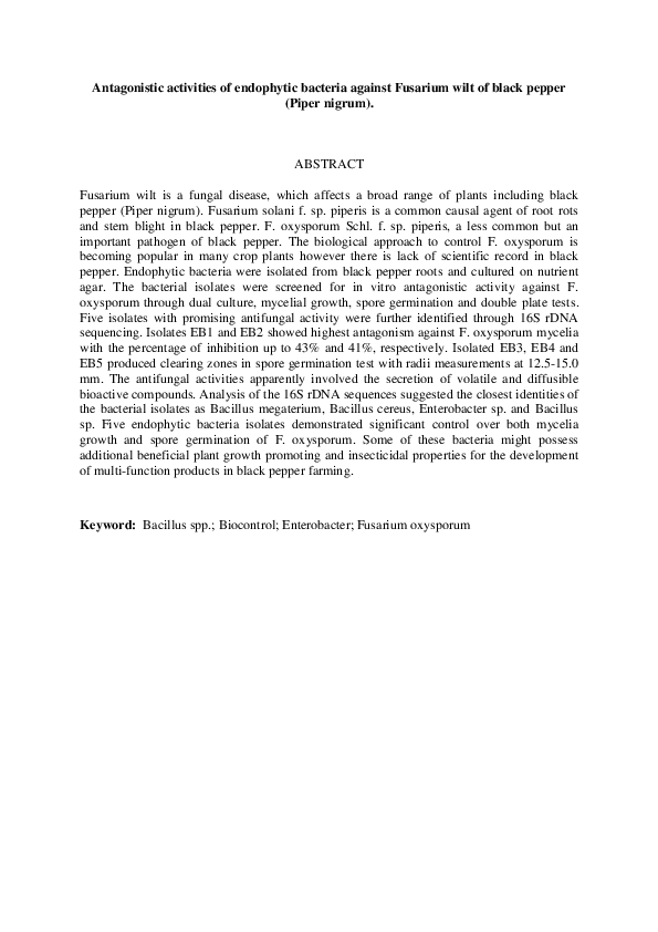 (PDF) Antagonistic activities of endophytic bacteria against Fusarium wilt of black pepper ...