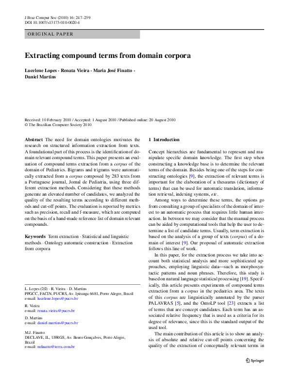 (PDF) Extracting compound terms from domain corpora | Daniel Vasques Martins - Academia.edu