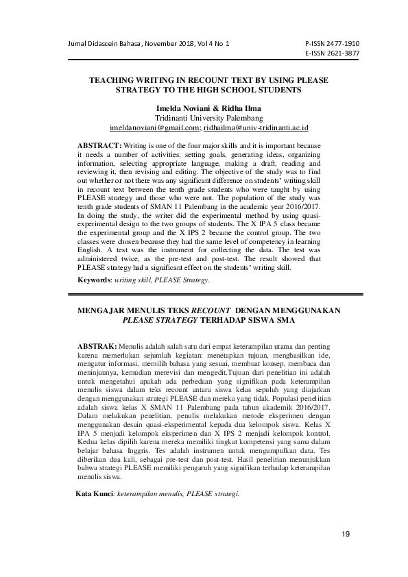 Pdf Teaching Writing In Recount Text By Using Please Strategy To The 2498