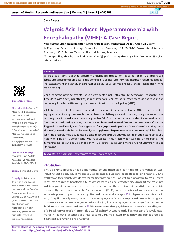 (PDF) Valproic Acid-Induced Hyperammonemia with Encephalopathy (VIHE ...