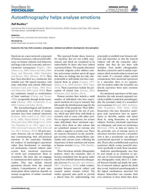 (PDF) Autoethnography helps analyse emotions