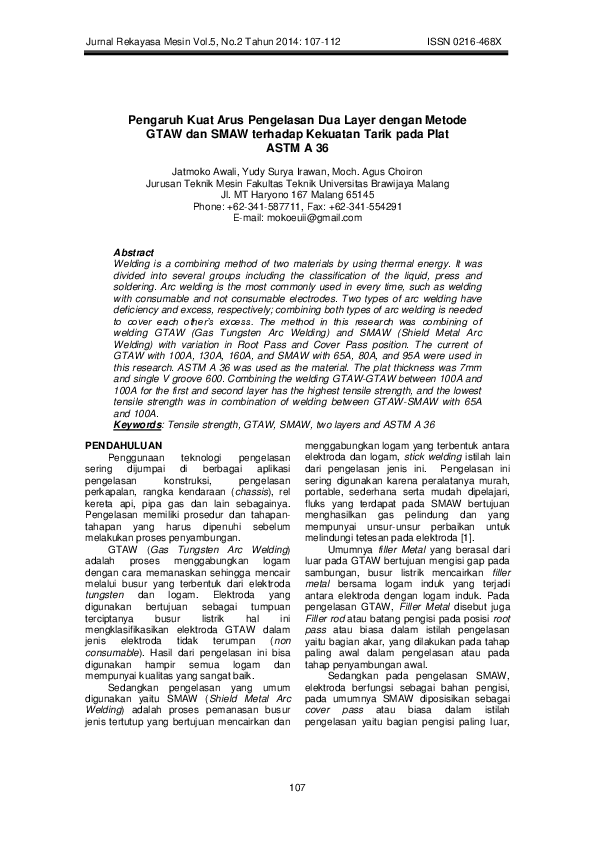 (PDF) Pengaruh Kuat Arus Pengelasan Dua Layer dengan Metode GTAW dan SMAW terhadap Kekuatan ...
