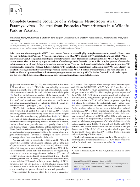 (PDF) Complete Genome Sequence of a Velogenic Neurotropic Avian ...