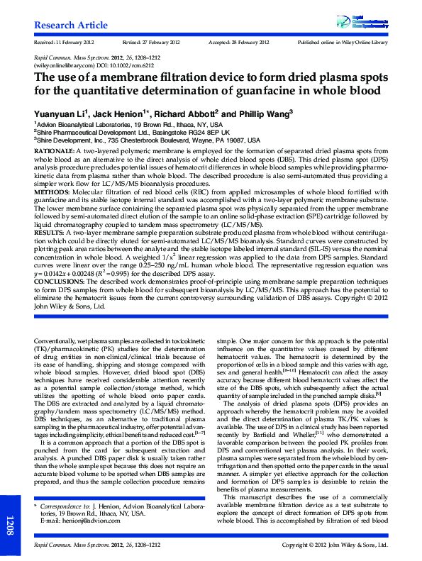 (PDF) The use of a membrane filtration device to form dried plasma ...