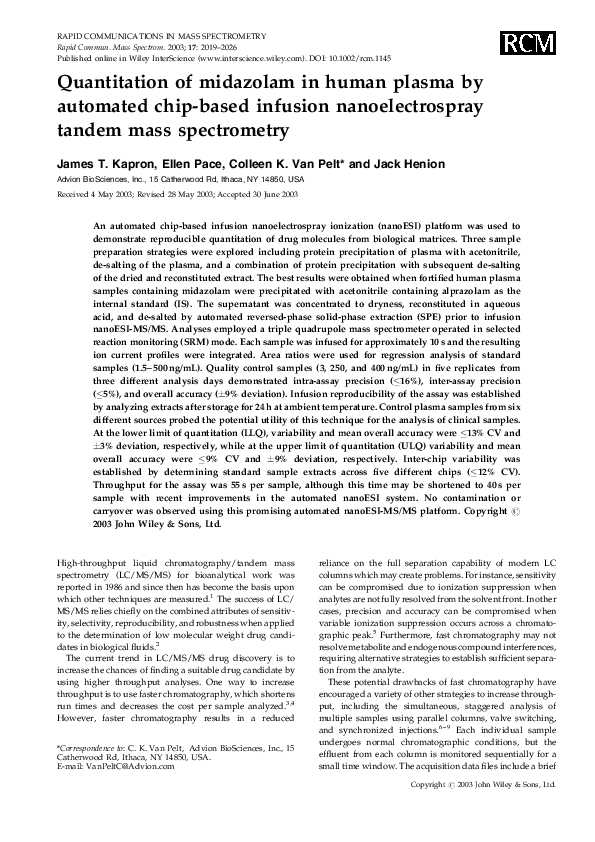 (PDF) Quantitation of midazolam in human plasma by automated chip-based ...