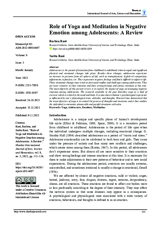 (PDF) Role of Yoga and Meditation in Negative Emotion among Adolescents ...