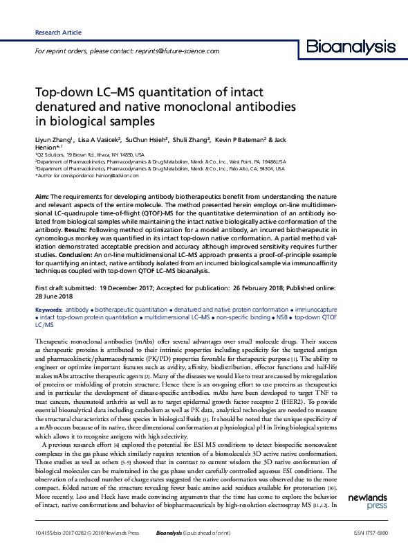 (PDF) Top-down LC–MS quantitation of intact denatured and native ...